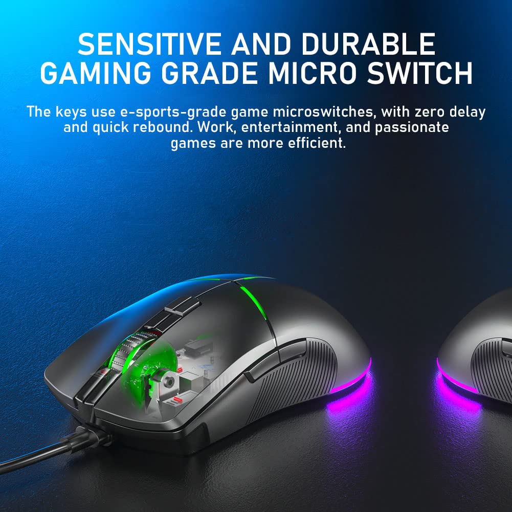 SHUNJINRUN Wired Gaming Mouse RGB Backlit Ergonomic Lightweight USB Mouse with 7 Backlight Modes up to 6400 DPI for Laptop Windows PC Gamers (F820-Black)