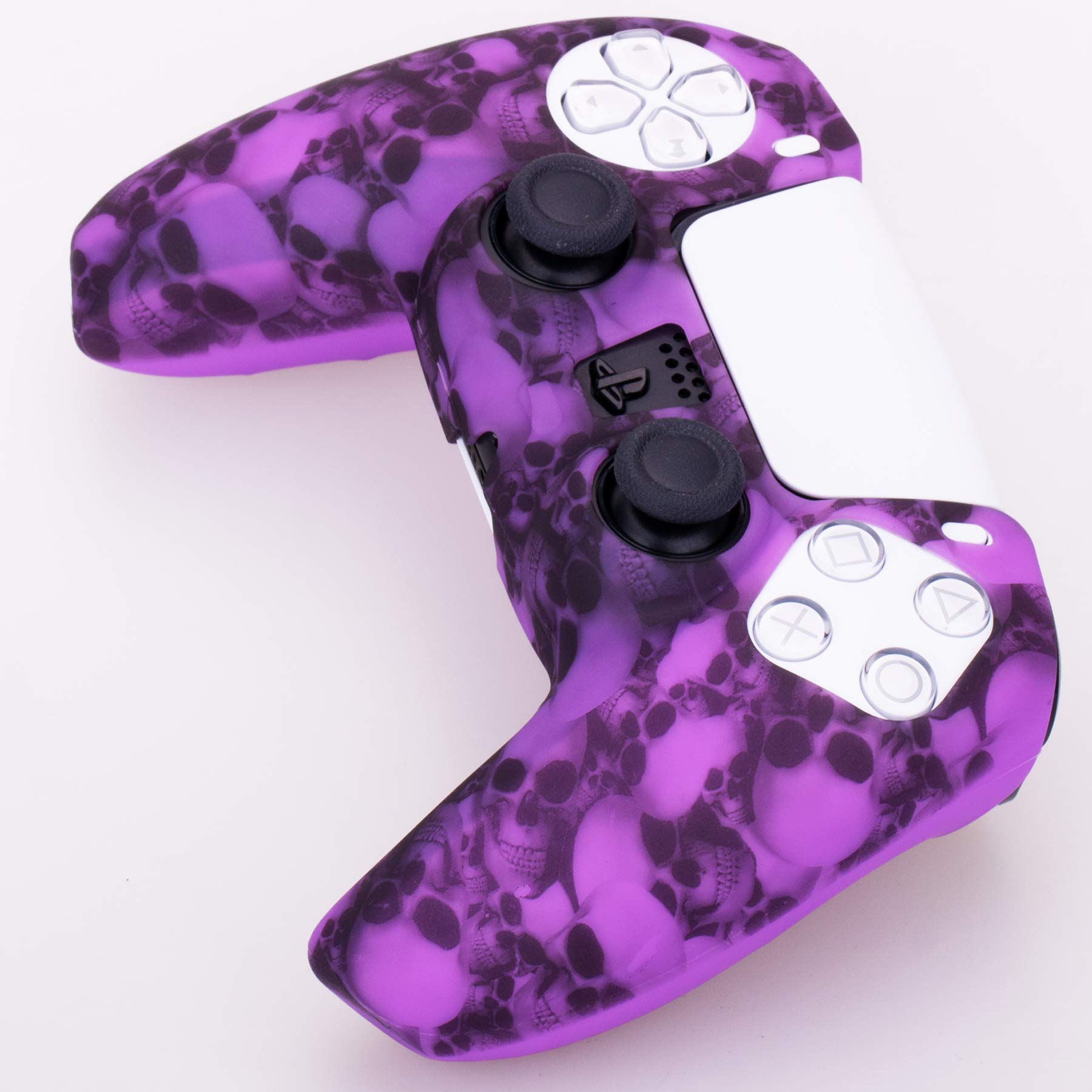 Playrealm Soft Stamp Silicone Skin Cover x 2 & Thumb Grips x 8 for PS5 Dualsenese Controller (Skulls Red+Purple)