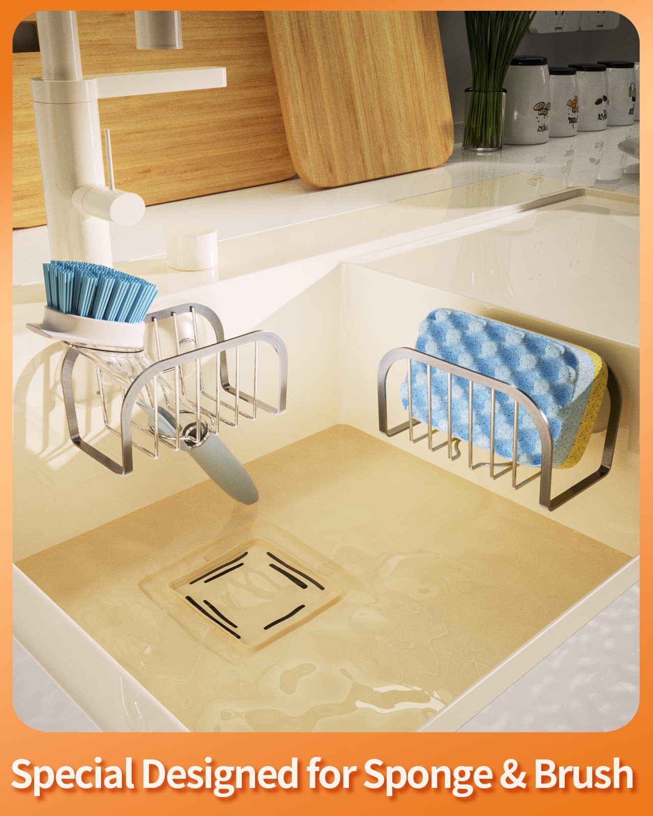 SWTYMIKI Sponge Holder for Kitchen Sink, Movable Sink Sponge Holder with Suction Cups Stainless Steel Sink Caddy Suction Cup for Sponge & Brush, Silver