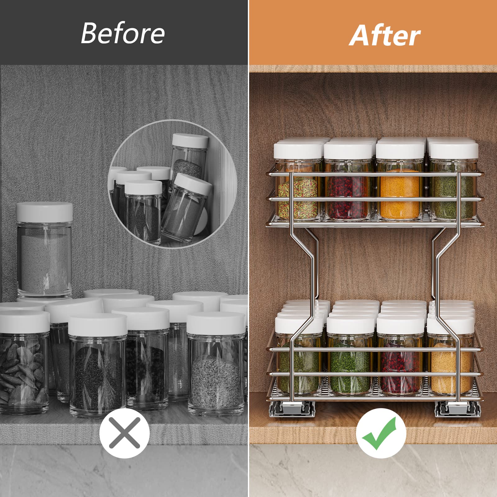 ROOMTEC Pull Out Cabinet Organizer 14" W x 18" D, Kitchen Cabinet Organizer and Storage 2-Tier Cabinet Pull Out Shelves Under Cabinet Storage for Kitchen Chrome