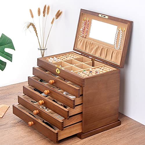 ZZYINH AN207 Solid Wood Six-Layer Jewel Box Large Capacity with Lock Retro Eardrop Earrings Necklace Jewelry Gift Small Jewelry (Color : Black)