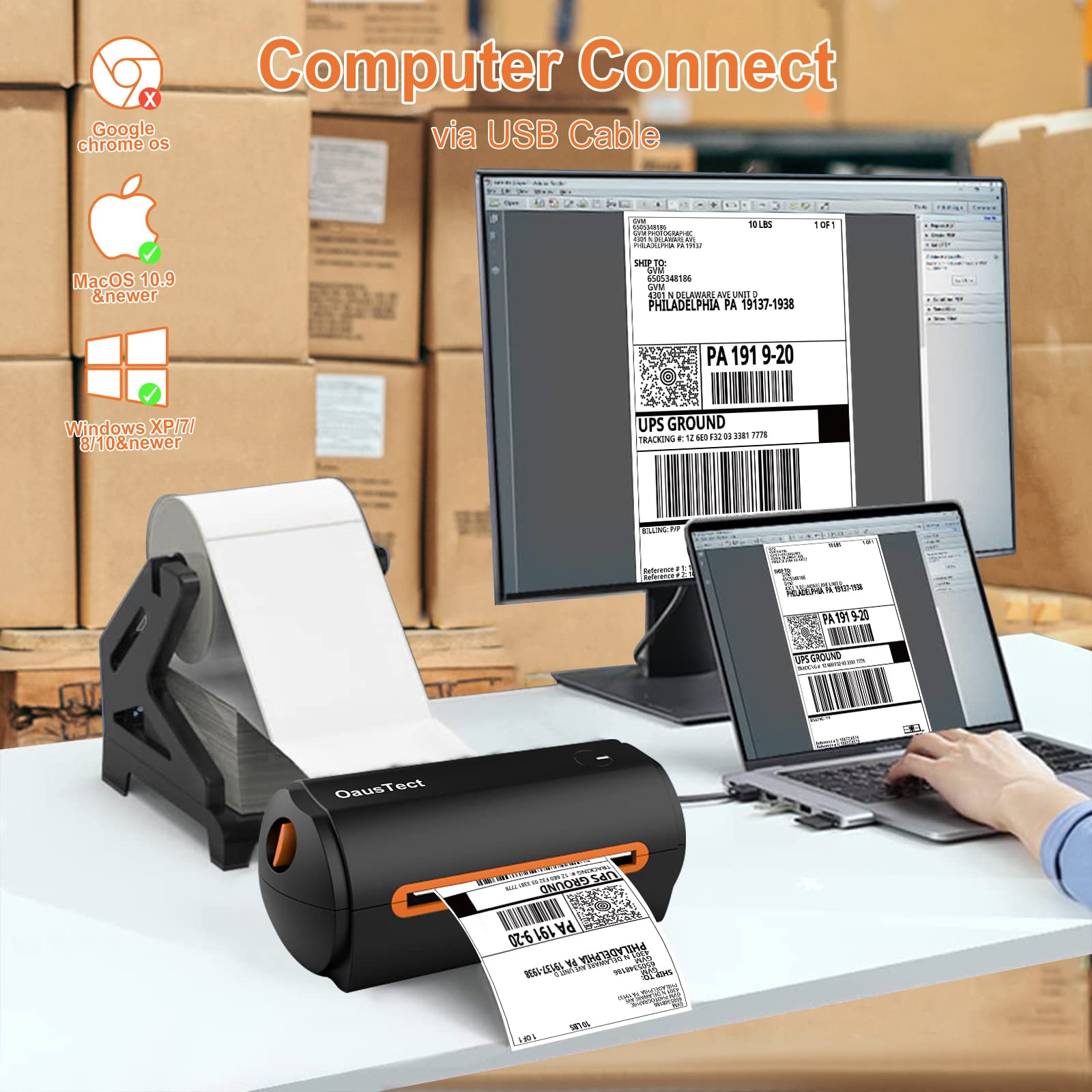OausTect Label Printer for Thermal Shipping Stickers,Printing for 4x6 Labels, Lightweight Wireless High Speed USB Desktop Barcode Thermal Label Printer, Compatible Windows, MAC