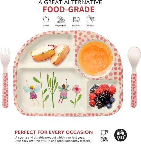 shopwithgreen 7Pcs/Set Bamboo Kids Dinnerware Set - Children Dishes - Food Plate Bowl Cup Spoon Fork Set Dishware, Cartoon Tableware, Dishwasher Safe Kids Healthy Mealtime, BPA Free