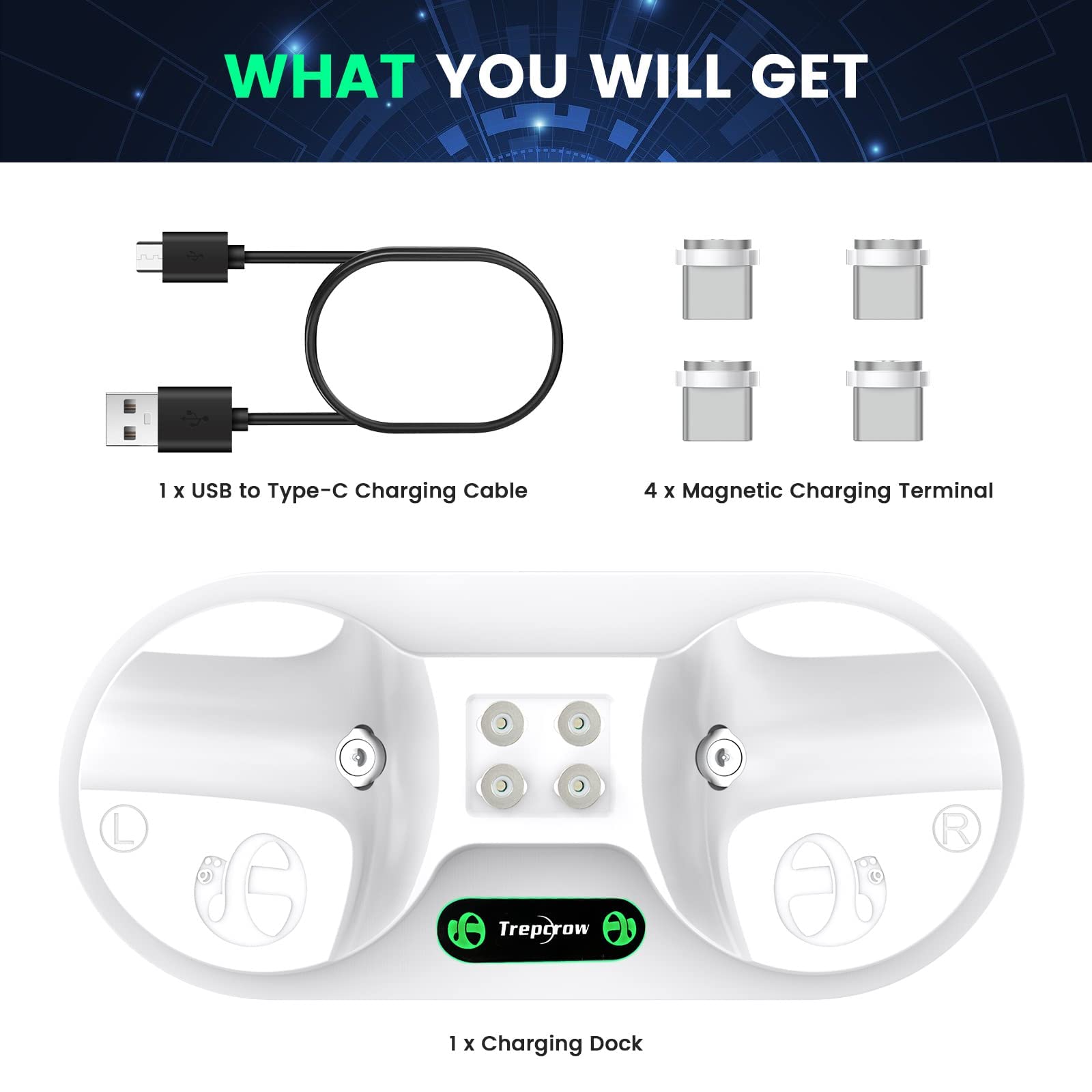 Trepcrow Charging Station for Playstation VR2 Sense Controller - Charging Dock with 4 Type-C Magnetic Clasp/Type-C Cable Desk Charger Stand Compatible with PS VR2 Controller [LED Indicator], White