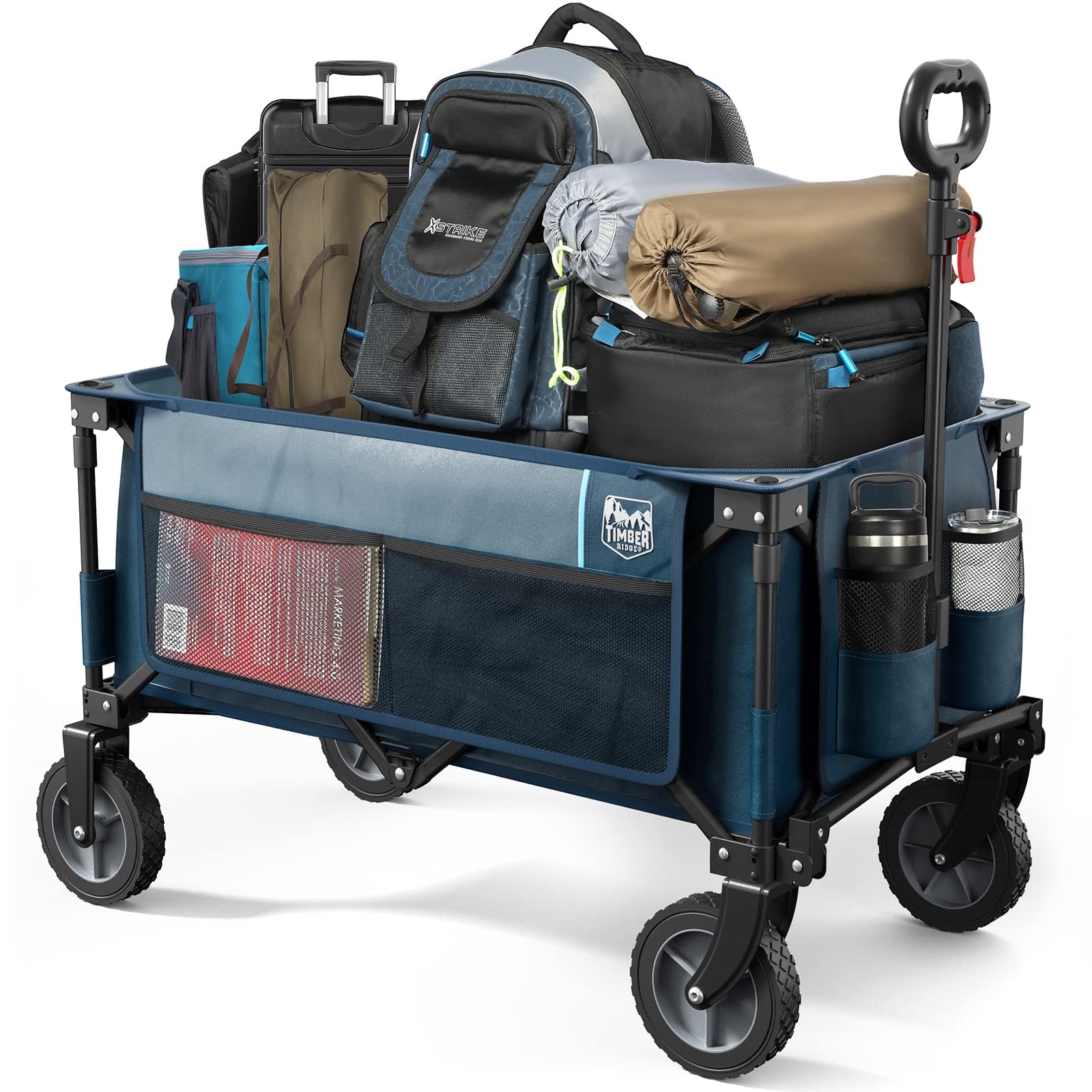 TIMBER RIDGE Collapsible Outdoor Folding Wagon Cart Heavy Duty Camping Patio Shopping Garden Cart with Side Bag Cup Holder,Blue