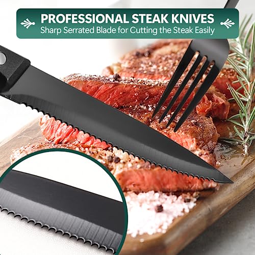 Qupoilke 60-Piece Black Silverware Set with Steak Knives Service for 10,Food Grade Stainless Steel Flatware Utensils Cutlery Set for Home Kitchen and Restaurant