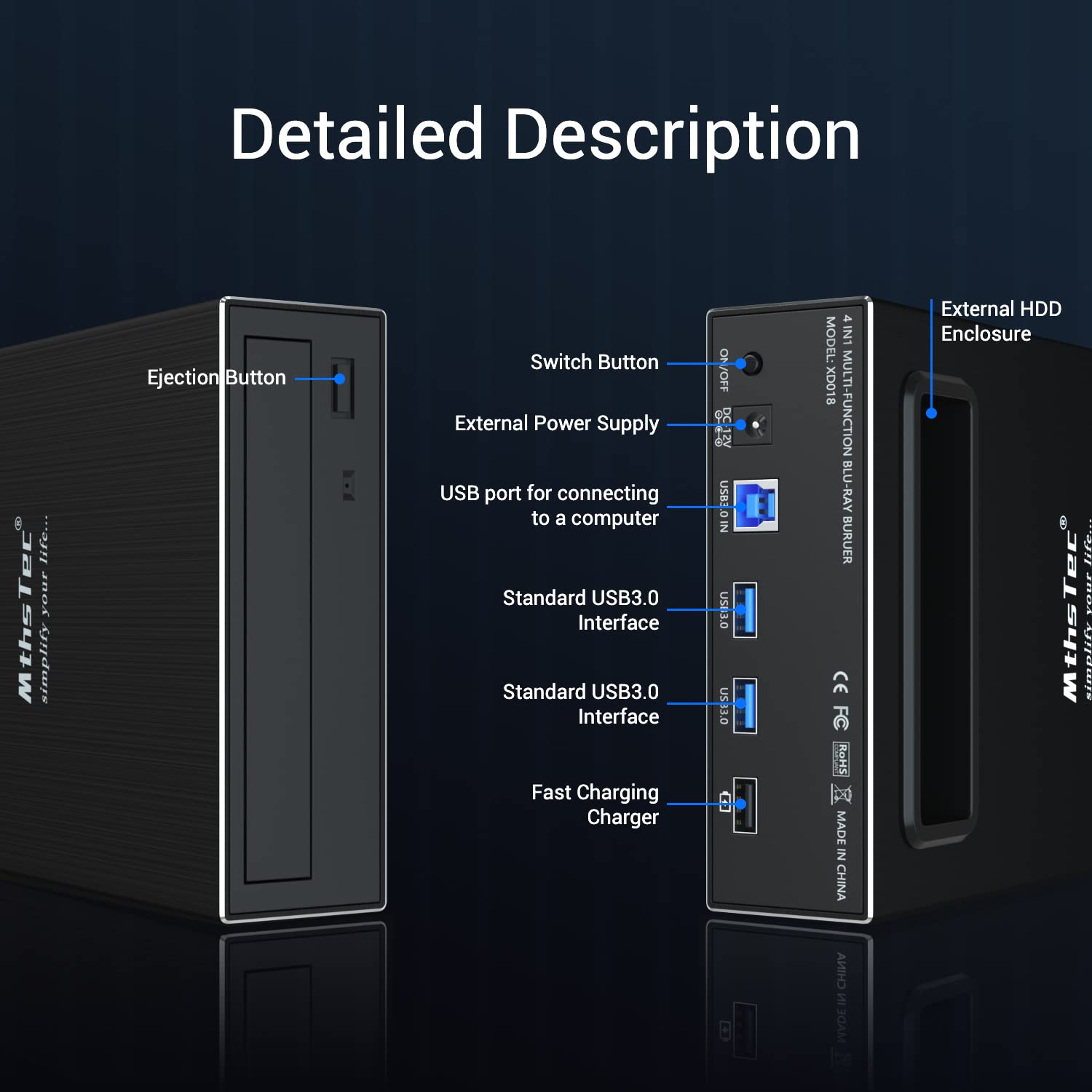 mthstec 4 in 1 External Blu-ray Drive, 16x USB 3.0 and Type-C External Bluray Drive, Multi-Function Fast-Charging Desktop BD/CD/DVD Burner/Read with HDD Enclosure USB HUB for Both Mac/PC
