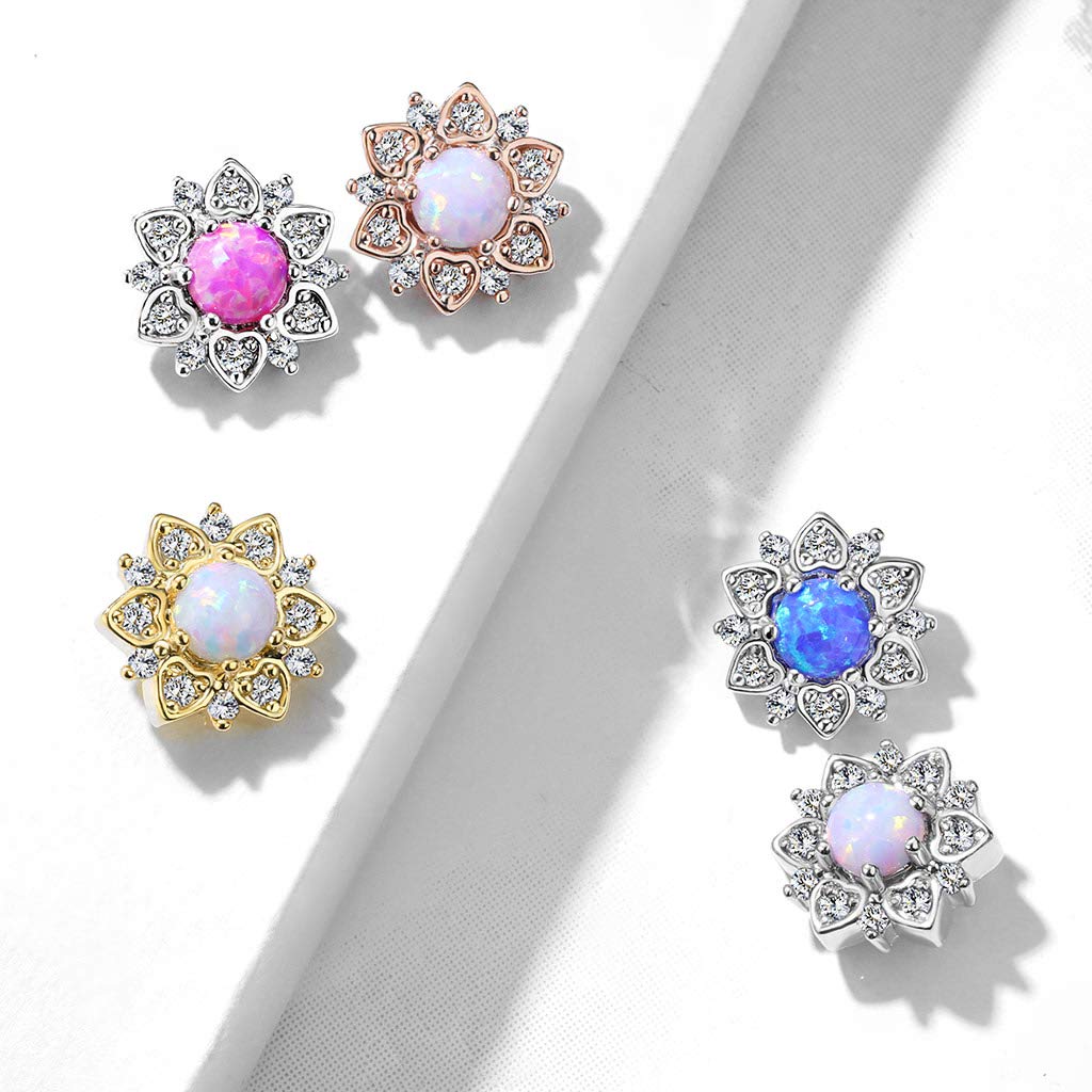 MoBody 14G CZ Flower with Created Opal Center Internally Threaded Dermal Anchor Body Piercing Top (Silver-Tone/White)