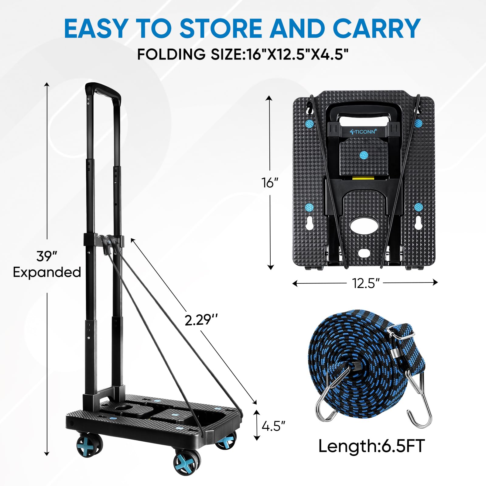 TICONN Folding Hand Truck Dolly, Portable Dolly with Adjustable Handle,Lightweight Luggage Utility Cart with 4 Rotate Wheels