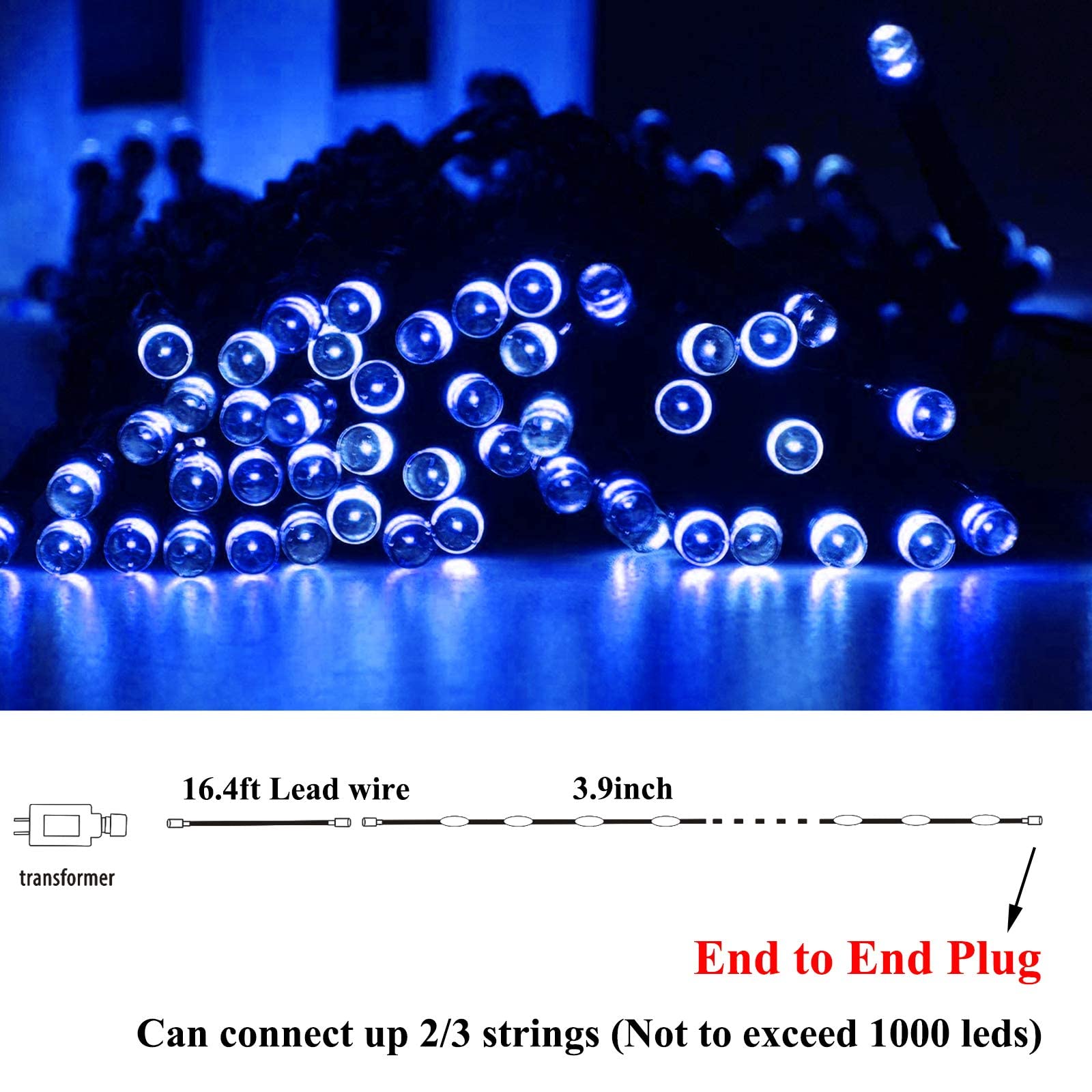 Obrecis 100Ft Blue Christmas Lights Outdoor, 300LED String Lights with 8 Modes, Christmas Tree Lights Green Wire, Connectable Holiday Mini Lights for Garden Yard Wedding Party Home Halloween Decor