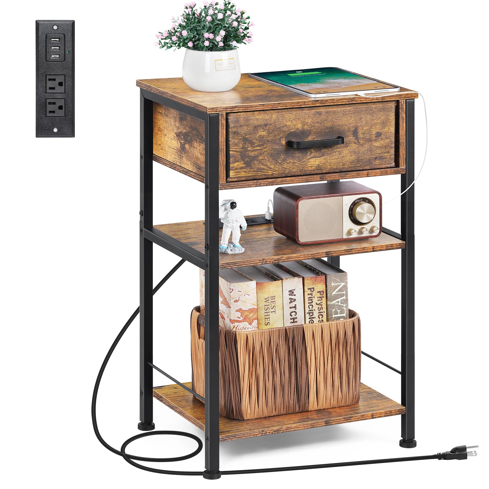 melos Night Stands with Charging Station, 3 Tier Nightstand with USB Ports and Outlets, Bedside Table with Fabric Drawers, Tall Side End Table with Storage Shelf for Bedroom, Living Room, Sofa, Black