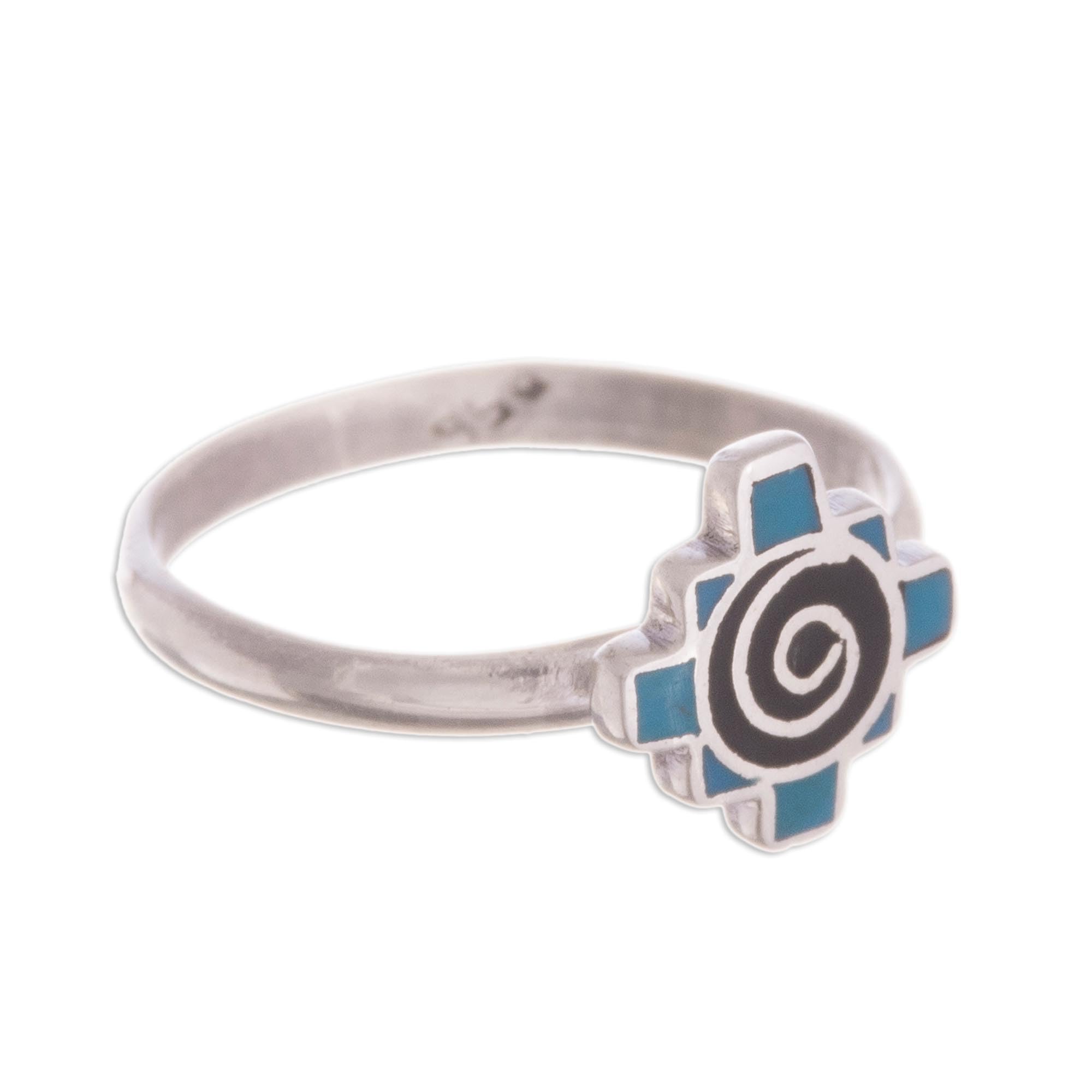 NOVICA Artisan Handmade 950 Silver Onyx Chrysocolla Cocktail Ring Chakana from Peru Fine Cultural Cross Gemstone Birthstone 'Chakana Swirl'