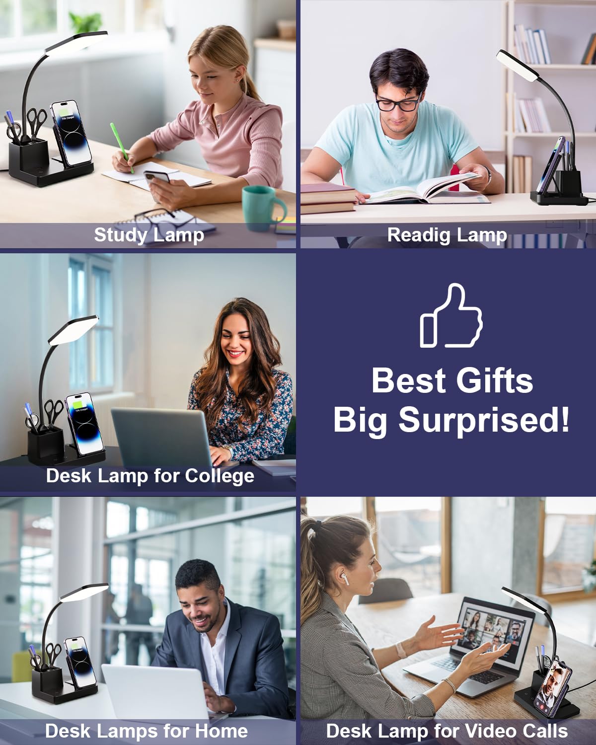 Sailstar Desk Lamp with Wireless Charger USB Charging Port, LED Desk Lamps for Home Office, 800LM 3 Lighting Modes Dimmable Pen Holder 360°Gooseneck, Eye-Caring Desk Light for College Dorm Room, Black