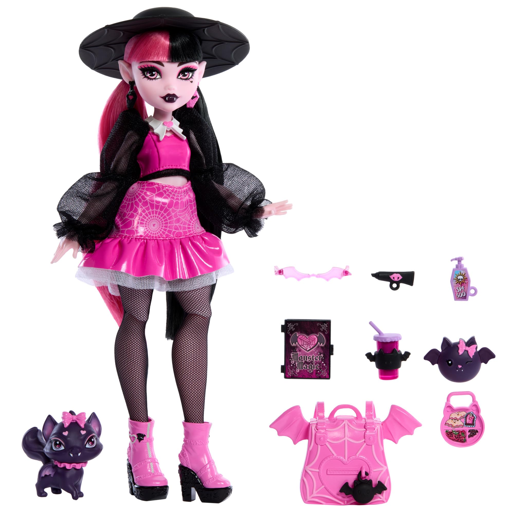 Monster High Draculaura Doll with Pet Bat-Cat Count Fabulous & Accessories like Backpack, Spell Book, Bento Box & More