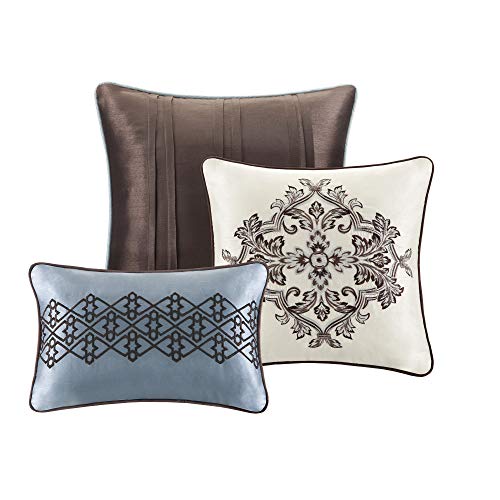 Madison Park Cozy Comforter Set - Luxurious Jaquard Traditional Damask Design, All Season Down Alternative Bedding with Matching Shams, Decorative Pillow Princeton Blue Queen(90"x90") 7 Piece