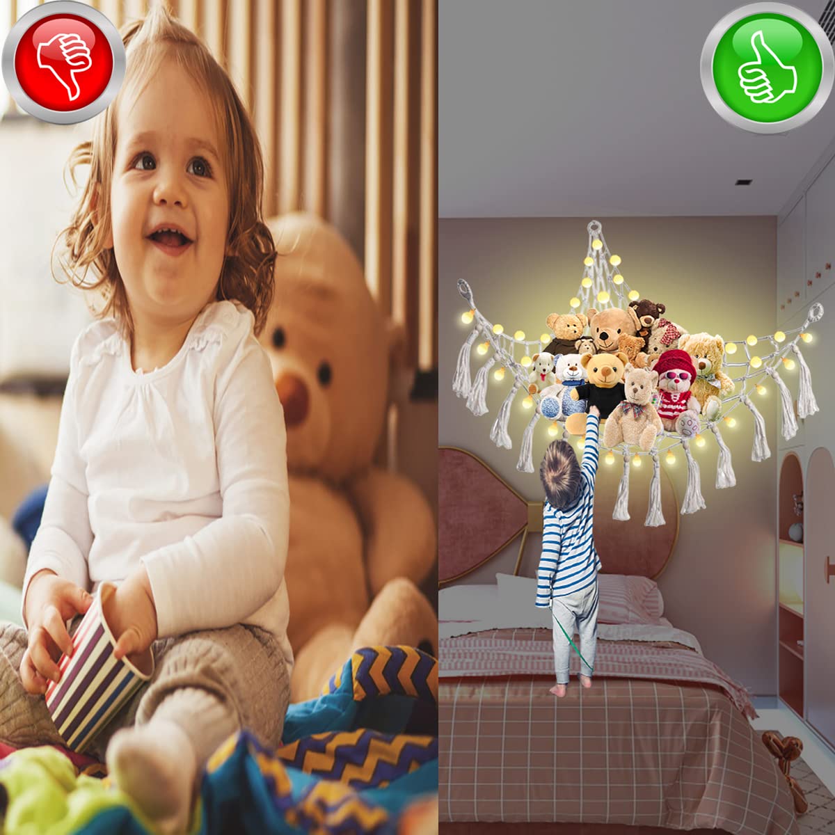 POTWIY Stuffed Animal Net or Hammock with Boho Tassel Toy Hammock, Macrame Net for Stuffed Animals Storage Teddy Bear Nets, Plush Toy Hanging Net for Nursery, Play Room, Kids Bedroom