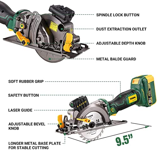 TECCPO Cordless Circular Saw, 4.0Ah 20V 4,500RPM Saw with Laser, 3 Blades(4-1/2"), Fast Charger, Max Cutting Depth 1-11/16''(90°), 1-1/8''(45°), for Wood, Plastic, Soft Metal and Tile Cuts - MTW510B