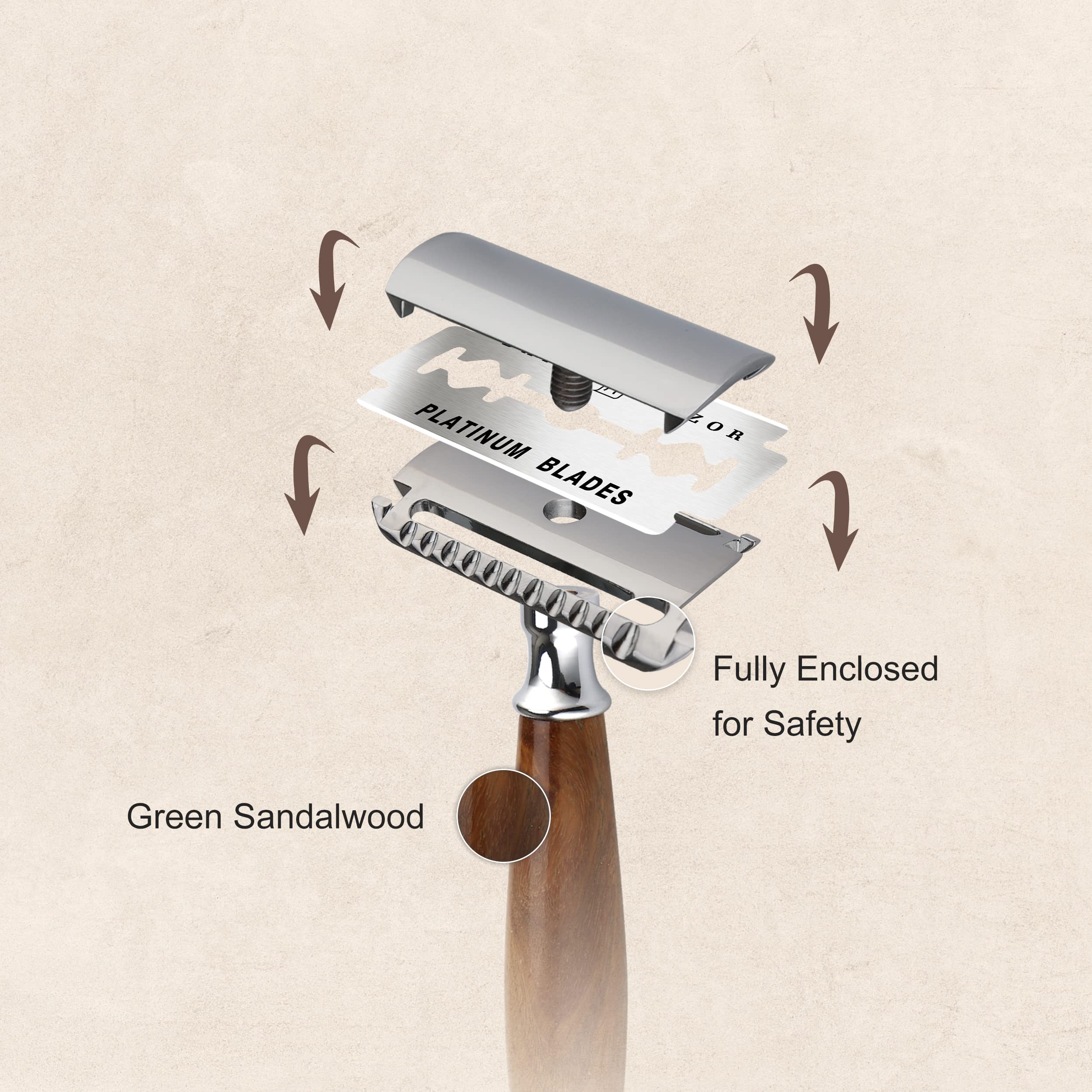 WEIDI Green Sandalwood Handle Double Edge Safety Razor Rust-proof Reusable Manual Wet Shaving Shaver for Men Women, with Carrying Bag & 5 Platinum Blades