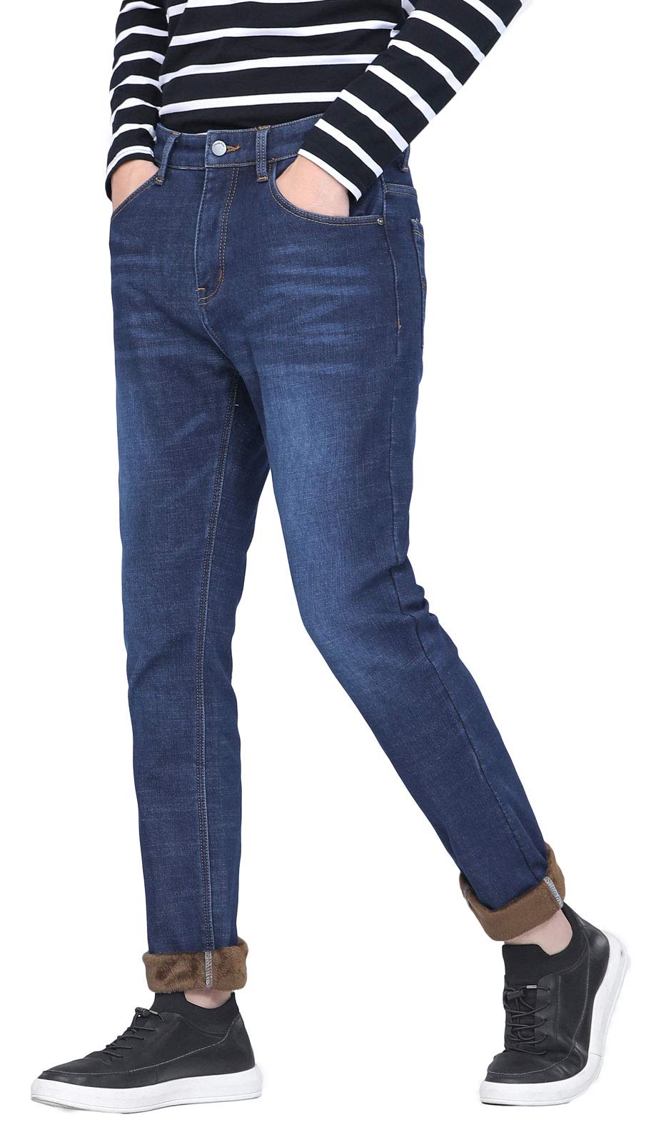 Plaid&Plain Men’s Flannel Lined Jeans Men’s Slim Fit Tapered Fleece Lined Jeans 820-Blue 34X30