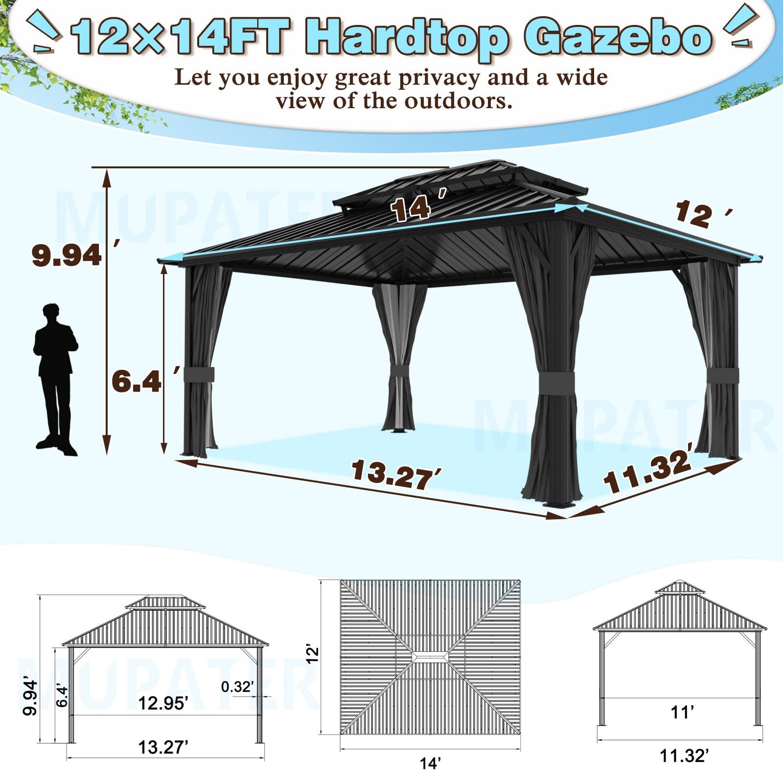 MUPATER 12x14FT Outdoor Galvanized Steel Gazebo with Double Roof Canopy, Aluminum Frame, Netting and Curtains for Patios, Deck, Lawns, Gardens