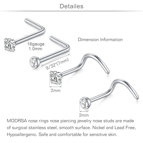 MODRSA 18G Nose Rings Hoop Surgical Steel Nose Rings Studs Screw L-Shaped Nose Stud Tragus Cartilage Helix Earrings Hoop 28pcs Nose Piercing Jewelry Set (32pcs - silver kit)