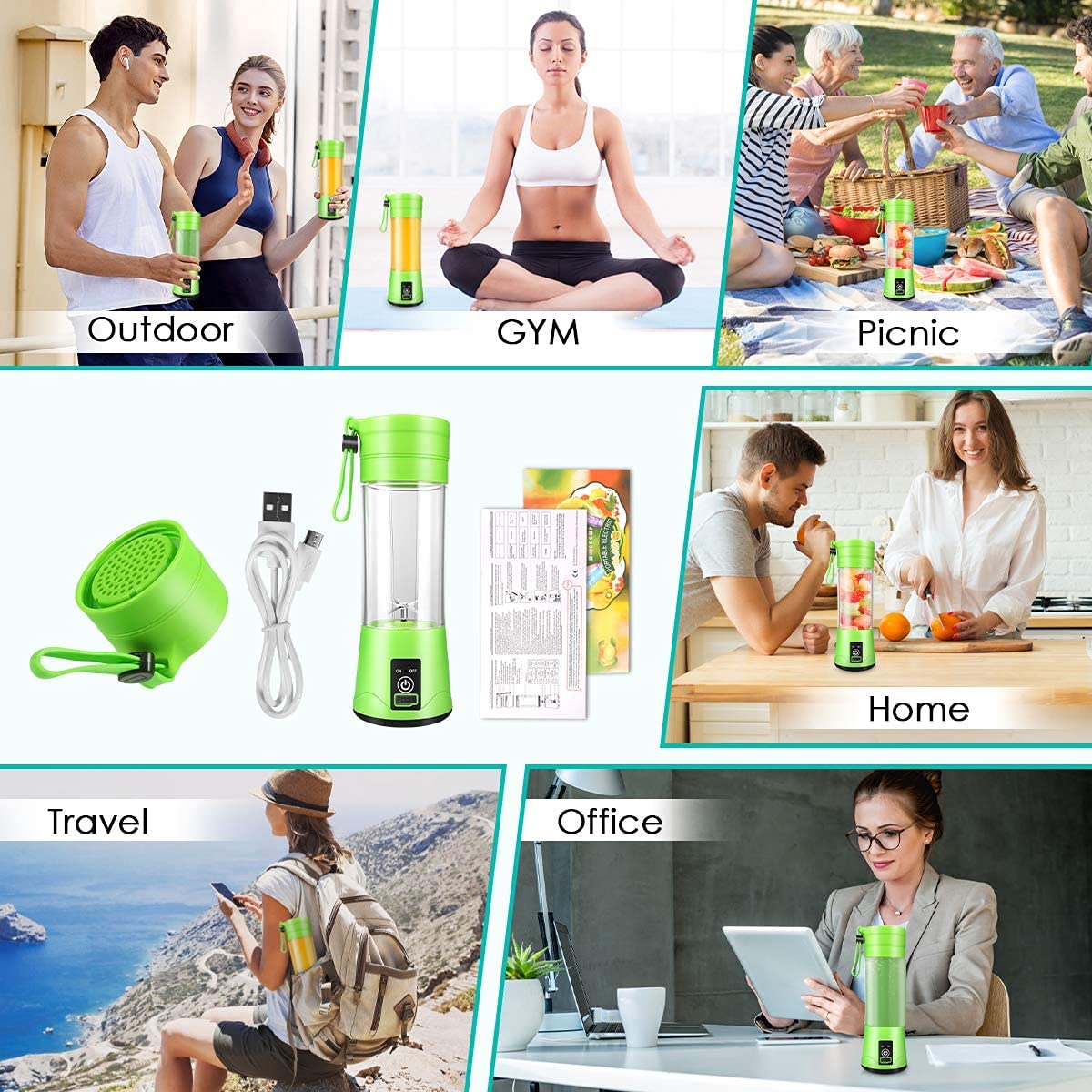 Vadaap Portable Blender, Personal Blender with USB Rechargeable Mini Fruit Juice Mixer, Personal Size Blender for Smoothies and Shakes Mini Juicer Cup Travel 380ML, Green, S
