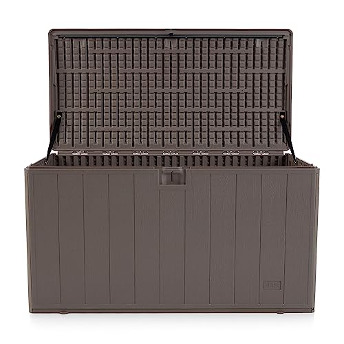 Plastic Development Group 105 Gallon Weatherproof Resin Outdoor Patio Storage Deck Box with Secure Lid Retainer Straps, Driftwood Gray
