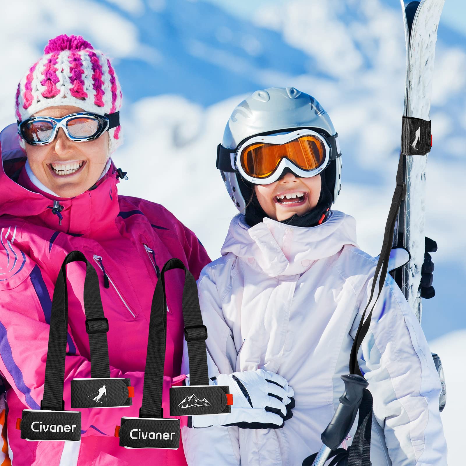Ski Straps 4 Pieces Adjustable Ski Carrier Comfortable Ski Carry Strap Effortlessly Ski Pole Carrier Cushioned Skiing Accessories Gear for Men Women Kid