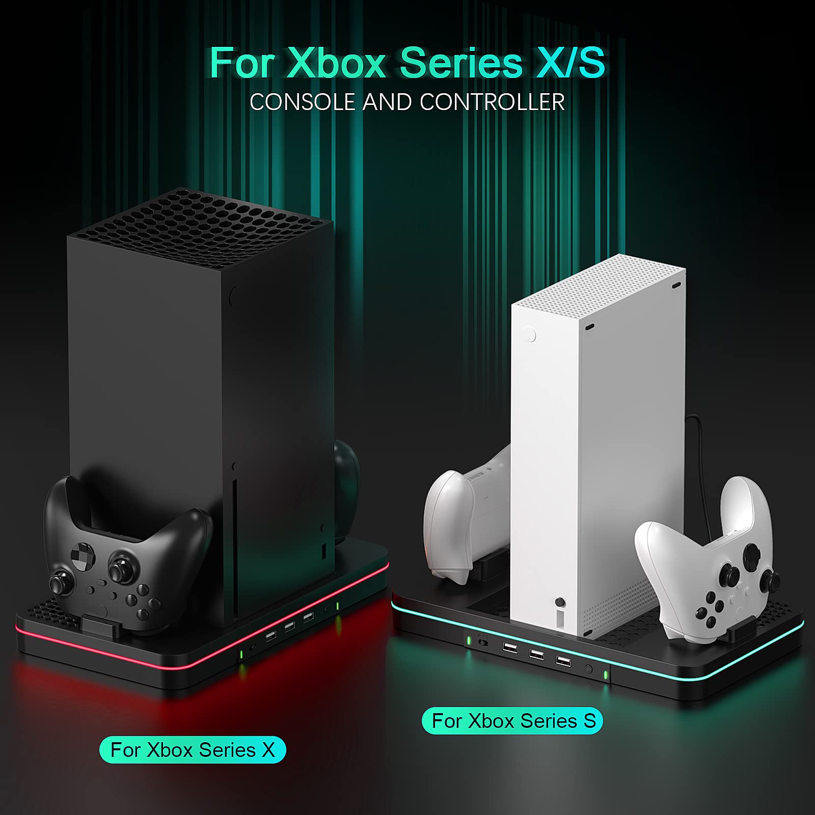 Vertical Cooling and Charging Stand Compatible with Xbox Series X/S Console＆Controller,7 Color Lights,Vertical Dual Controller Charger Station Dock Accessories with 2 Rechargeable Battery Packs