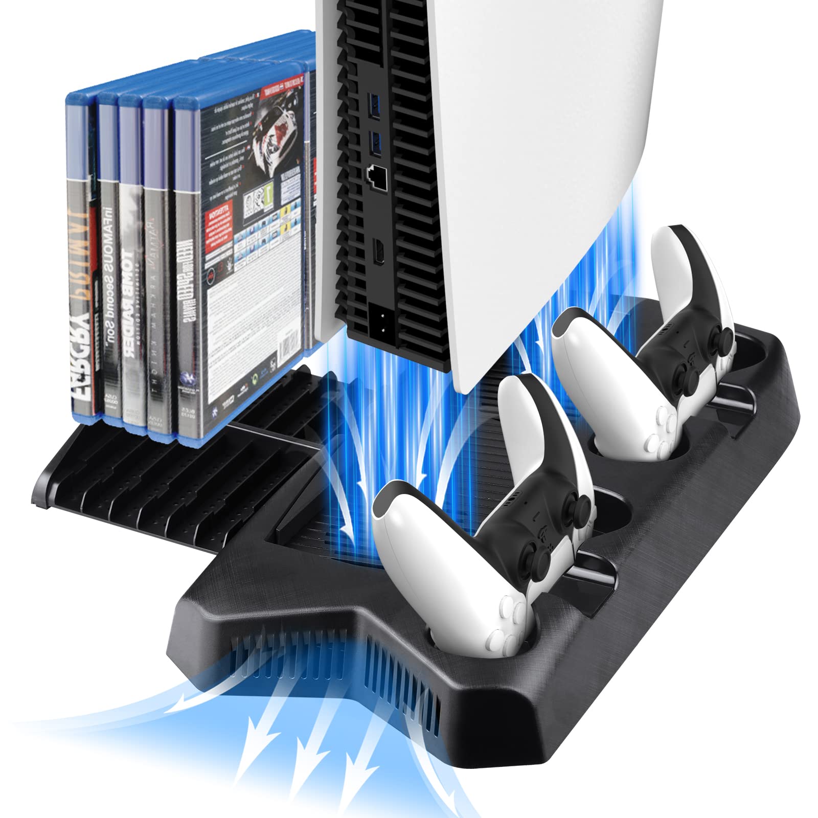 Vertical Stand for Playstation 5 with Cooling Fan Charing Station for PS5 Digital Edition/PS5 Ultra HD,Multi-Function Charger Station with 2 Controller Charging Docks
