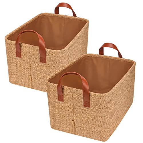 Sarmyarc 2 pieces of fabric storage bins, foldable jute woven storage basket with leather handle for easy access, storage bins for organizing closets, shelves and living rooms.