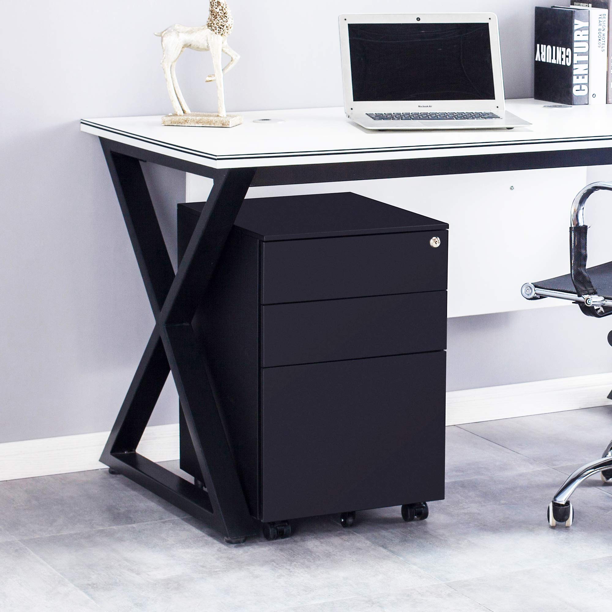 Mobile File Cabinet with Key Lock Steel Filing Cabinet, Home Office Pedestal Fully Assembled Except 5 Rolling Casters