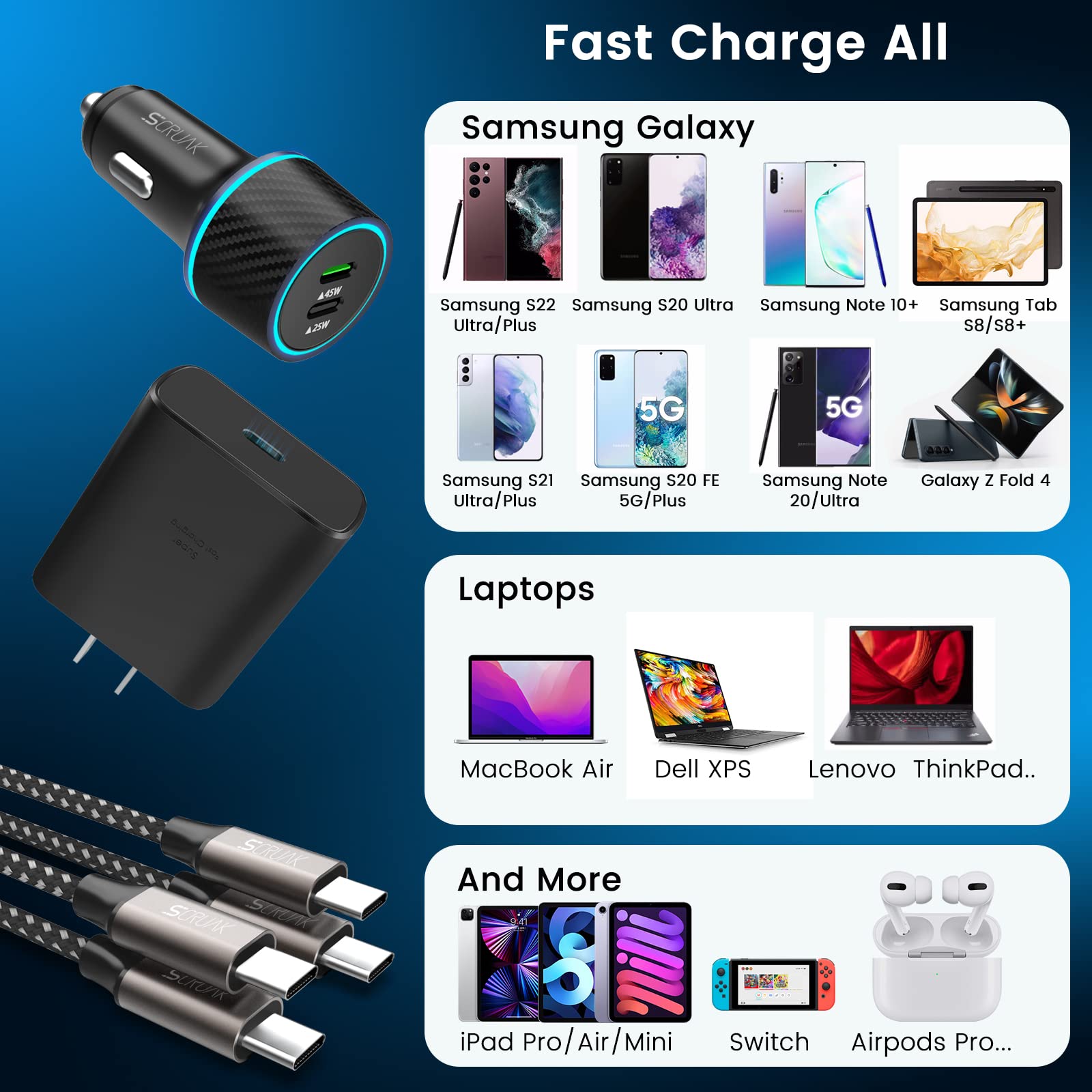 S23 S24 Ultra Charger Type C, SCRUAK 45W PPS Super Fast USB-C Wall/Car Charger for Samsung Galaxy S24 Ultra/S24+/S24/S23 Ultra/S23+/S23/S22/S20/Note 20/Note 10+(with 2X 6.6FT 5A Type C Cable)