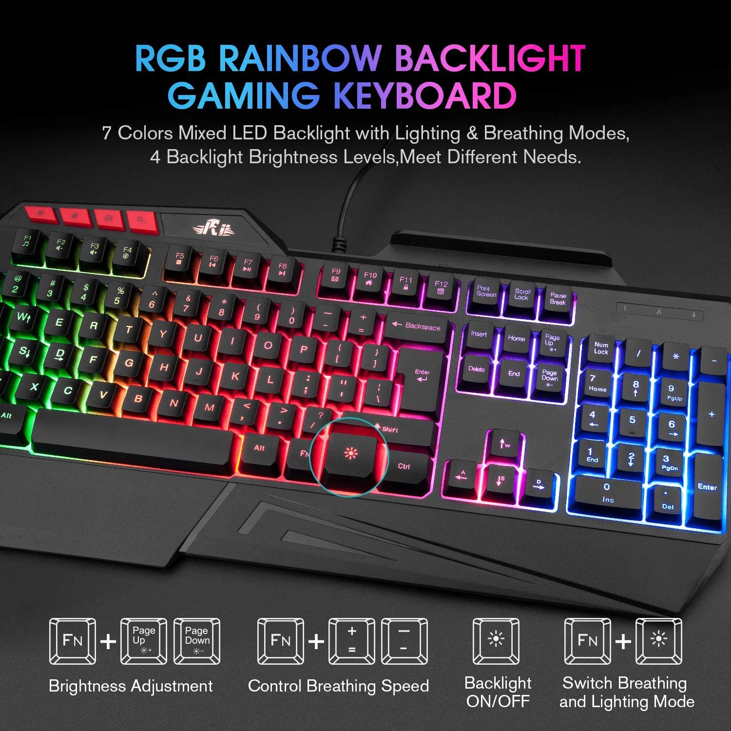 Rii RK202 RGB Gaming Keyboard Multiple Color Rainbow LED Backlit USB Wired Gaming Keyboard,104 Keys Silent Keyboard with Wrist Rest for Windows & Mac PC Gamers (Black)