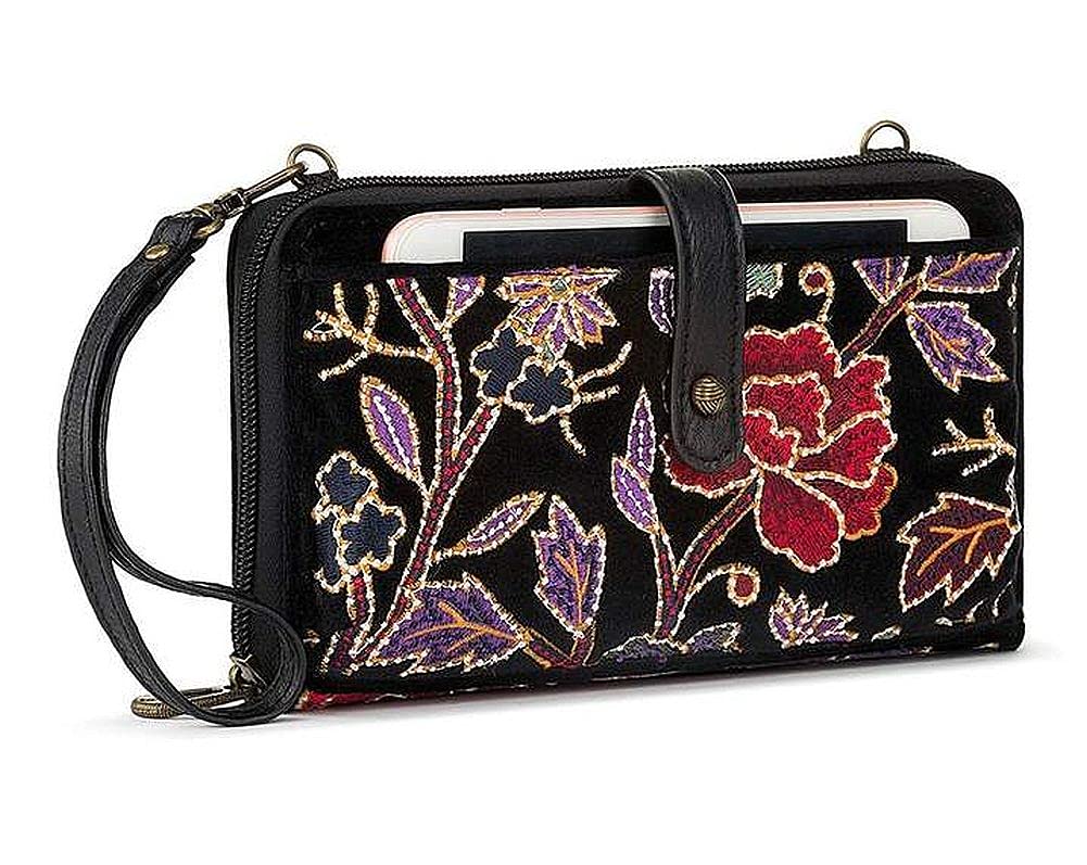 Sakroots Embroidered Large Smartphone Crossbody (Embroidered Black Flower Power)
