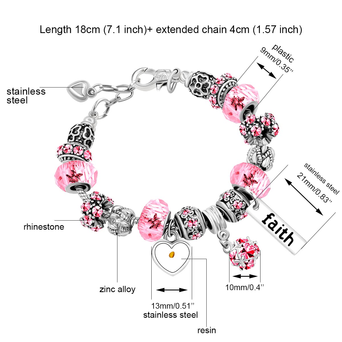 Silver Tone Crystal Murano Glass Beads Snake Chain Bracelet Faith Mustard Seed Charm Crystal Bracelets for Women Y1924 (pink)