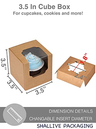 Shallive Kraft Cupcake Boxes Individual 60 Pcs with Inserts, Cocoa Bomb Packaing Single Brown Cupcake Containers Paper 3.5" Holders for Cookies, Pastries,Wedding Baby Shower Birthday Graduation
