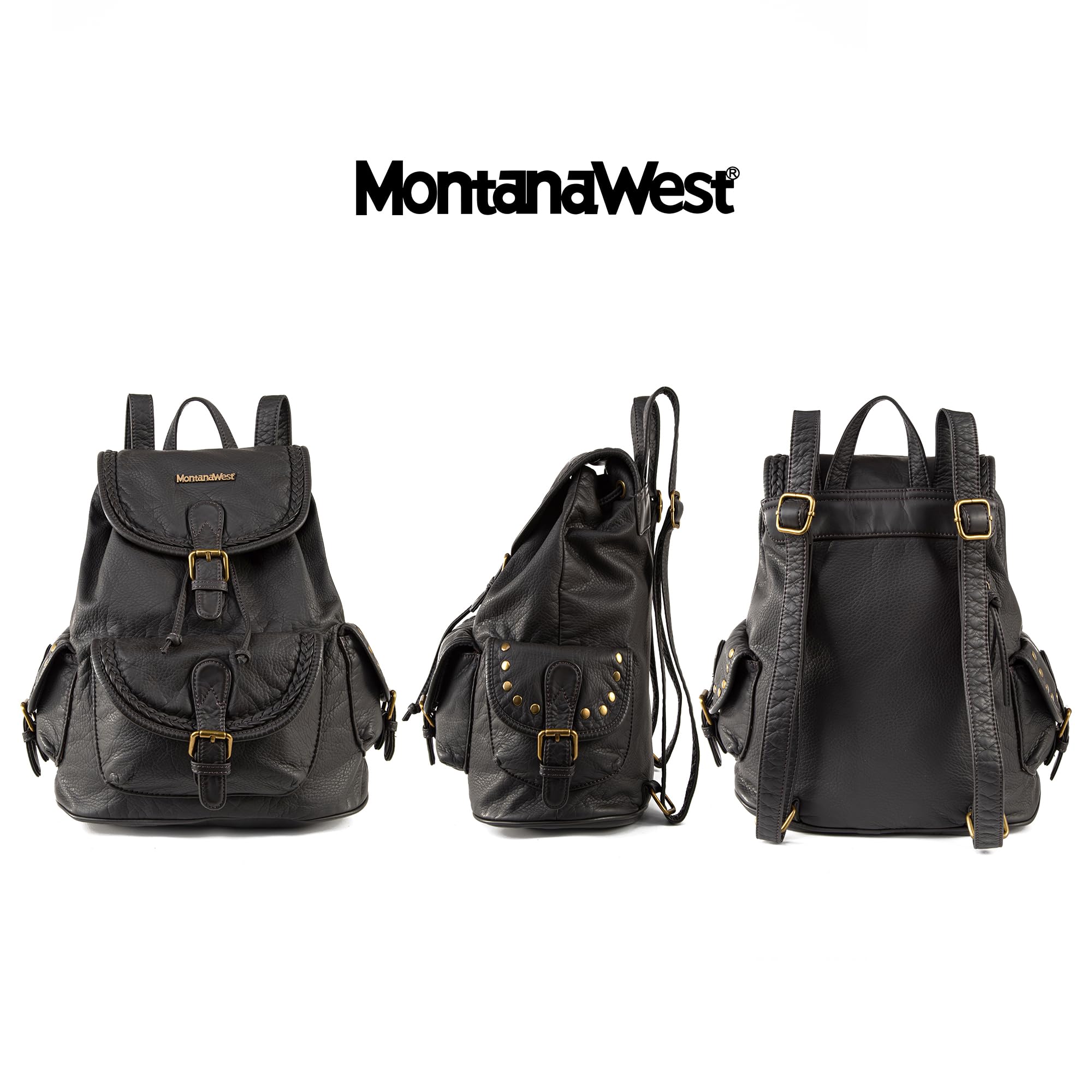 Montana West Rivet Vegan Leather Backpack for Women, Casual Daypack Shoulder Bag Purse with Hook for Travel MWC-191BK