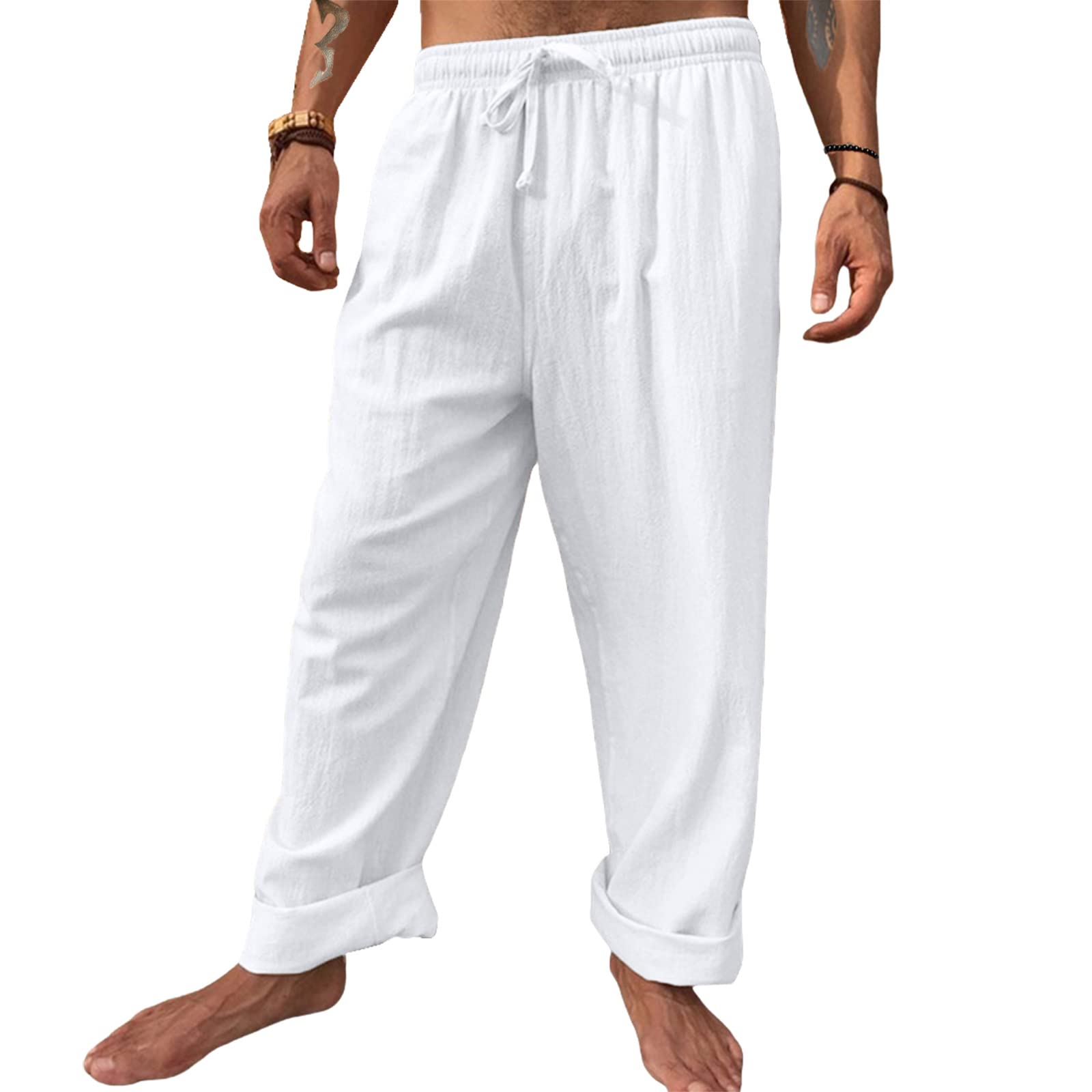 Mens Casual Linen Pants Loose Fit Lightweight Drawstring Summer Beach Yoga Pants Long Trousers White