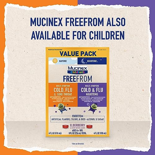 Mucinex FreeFrom Cold and Flu Daytime and Nighttime, Multi-Symptom Relief, Cherry, 6 Fl Oz (Pack of 2)