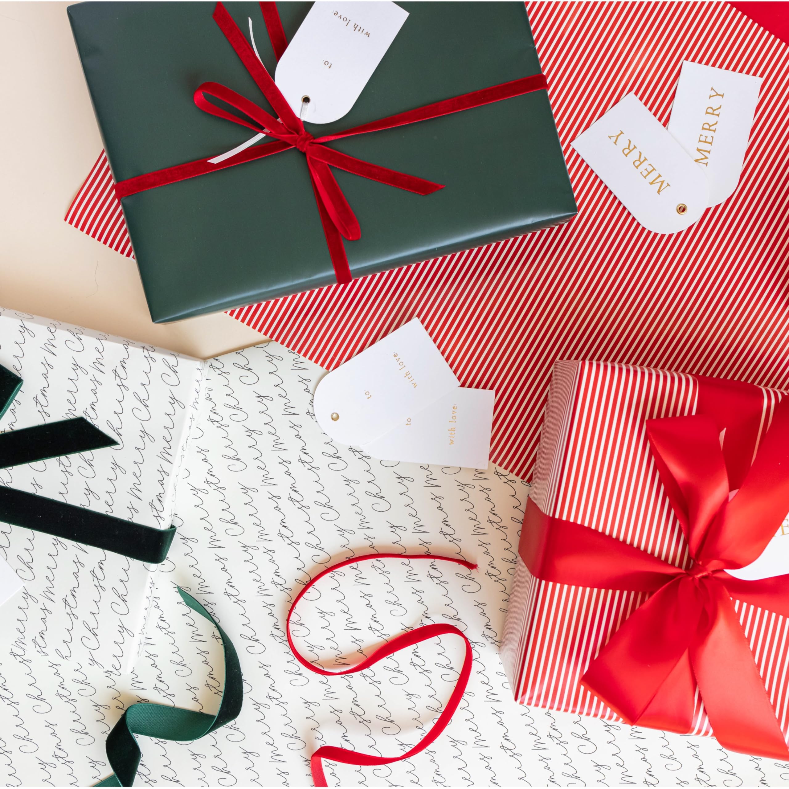 Merry Market 3-pack Premium Satin Christmas Wrapping Paper, Minimal Holiday Gift Wrap, Red Stripe, Solid Green and Merry Christmas - 30β x 168β per roll, 105 square feet total