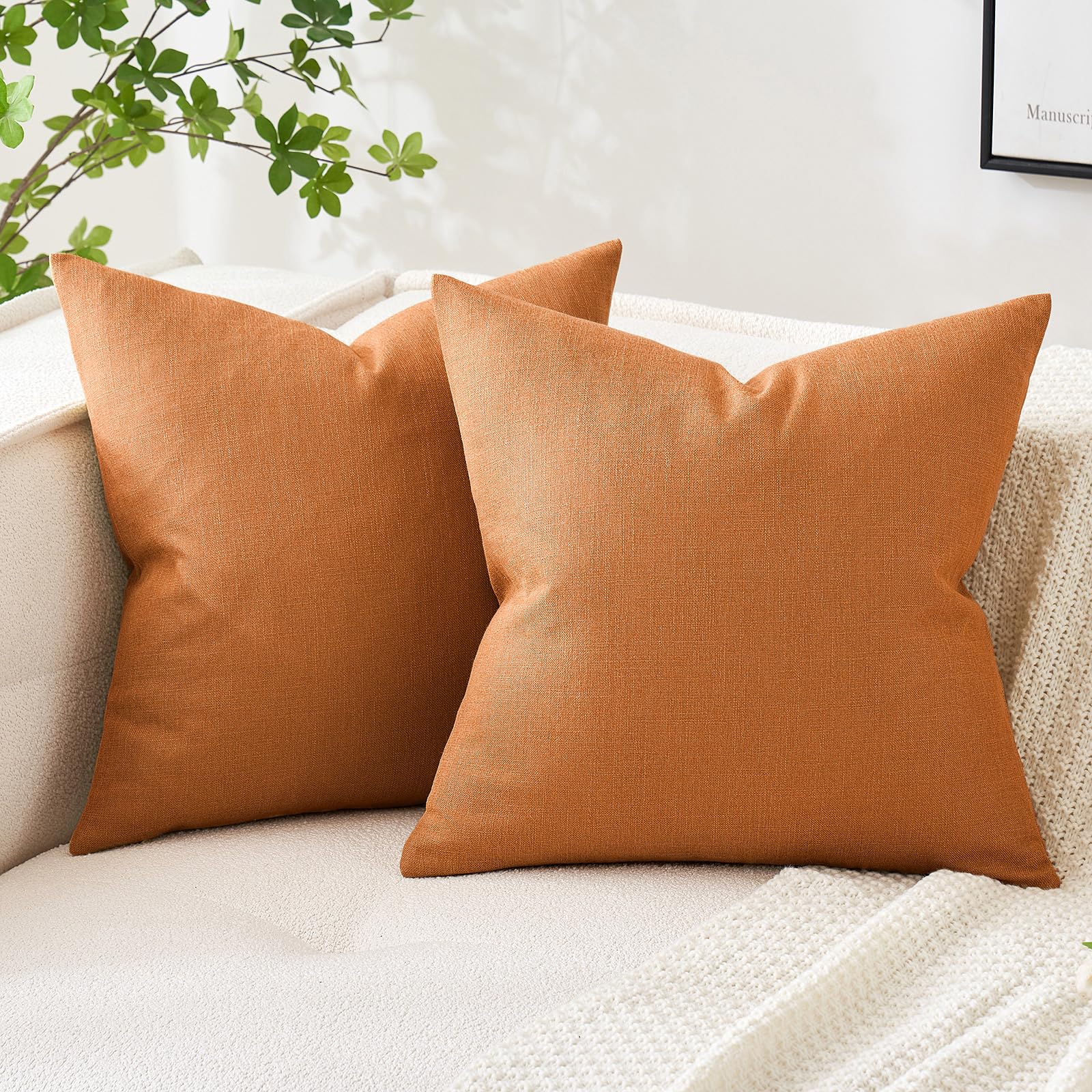 MIULEE Pack of 2 Decorative Throw Pillow Covers Fall Halloween Linen Burlap Square Solid Farmhouse Modern Concise Throw Cushion Case Pillowcase for Sofa Car Couch 18x18 Inch Burnt Orange
