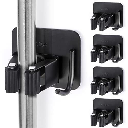 Wall Mounted Broom Holder, Mop Rack Self-Adhesive, Sturdy Heavy Duty Stainless Steel Mop Rack, No Holes, Perfect Organizer for Kitchen Garage Garden Storage System, 4pc (Black and Silver) (Black)