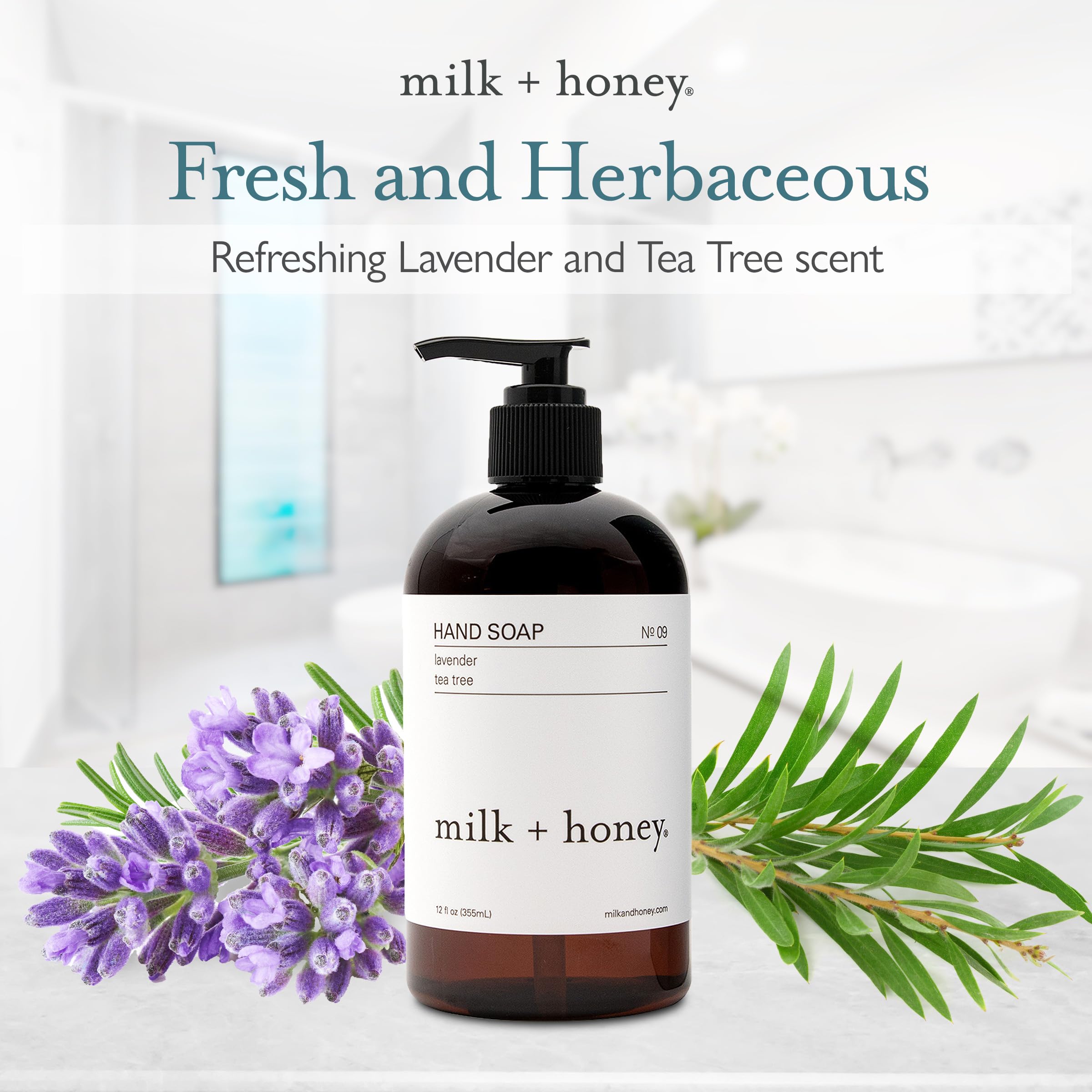 milk + honey Liquid Hand Soap No. 9, Moisturizing Hand Soap with Lavender and Tea Tree, Fresh and Herbaceous Natural Hand Soap, 12 Fl Oz