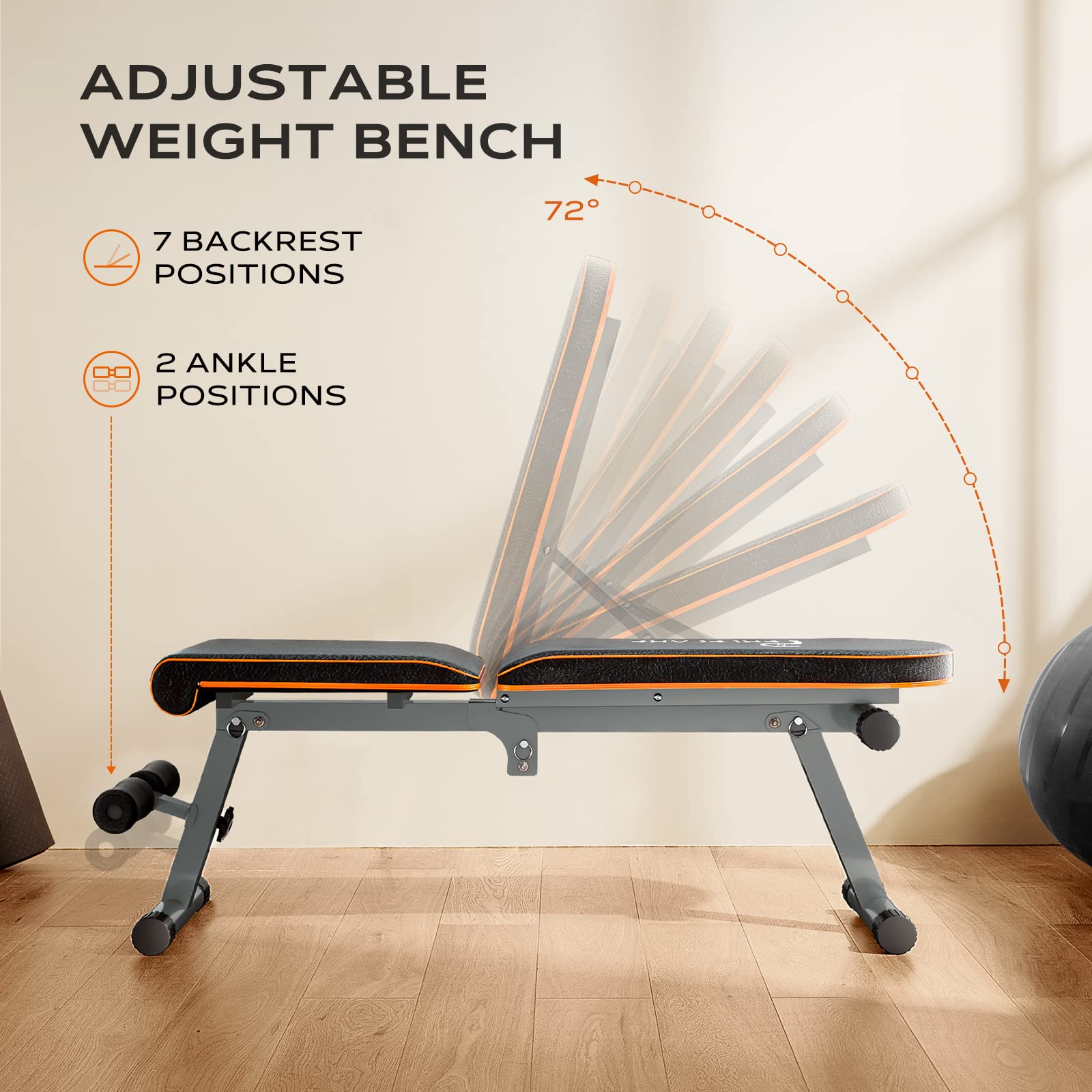 PERLECARE Weight Bench Adjustable, Sit Up Bench for Ab Bench Exercises, MultiFunctional Flat Incline Decline Bench with 7 Adjustable Height Settings, Robust Weightlifting Bench Holds Weight up to