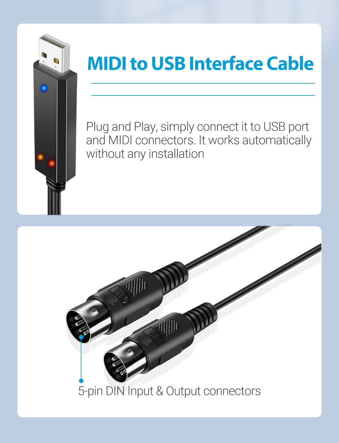 URWOOW USB MIDI Cable Converter Adapter Cable PC Laptop to Keyboard Synthesizer Electronic Drum Electric Blow Pipe Home Studio - 6.5 feet