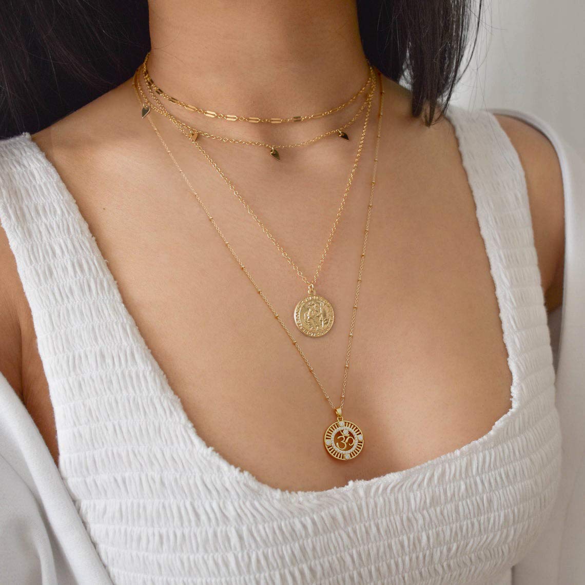 PERNNLA PEARL Sanskrit Symbol Om Satellite Beaded Chain Necklace 18K Gold Plated Aum Ohm Yoga Charm Pendant Long Necklace With CZ