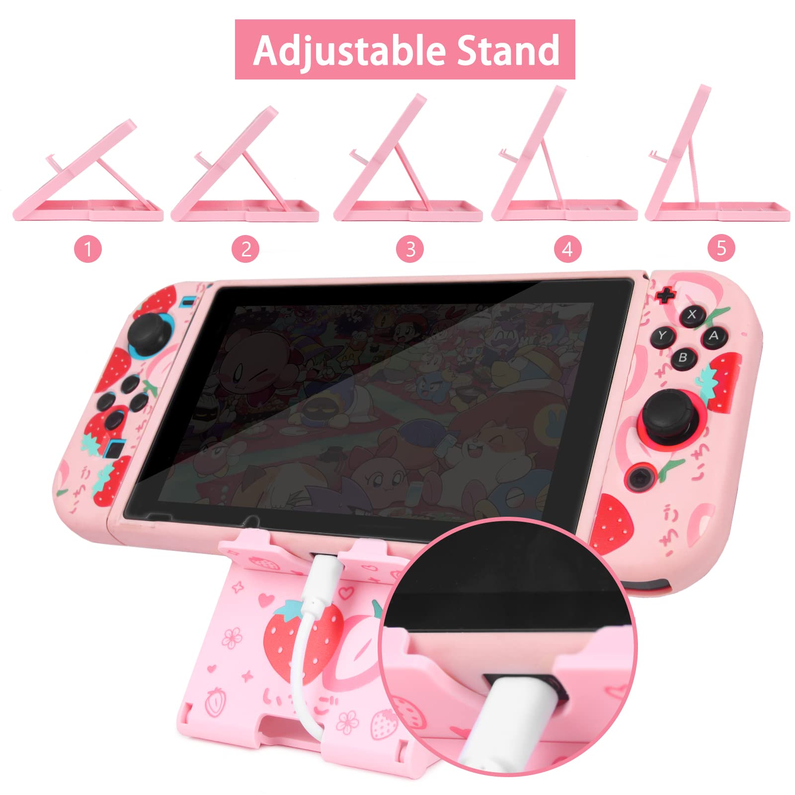 TIKOdirect Carrying Case for Nintendo Switch, Cute Portable Travel Case 8 in 1 Accessories with Protective Case, Screen Protectors, Stand, Game Card Case and Thumb grip caps, Strawberry