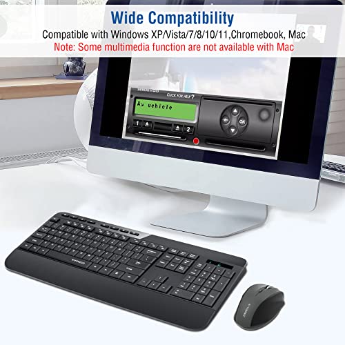 Wireless Keyboard and Mouse Combo, E-YOOSO 18 Months Battery Life Cordless Keyboard, 2.4G Full-Sized Ergonomic Keyboard with Wrist Rest, 3-Level DPI Mouse, Black Quiet Keyboard for Computer, Mac, PC