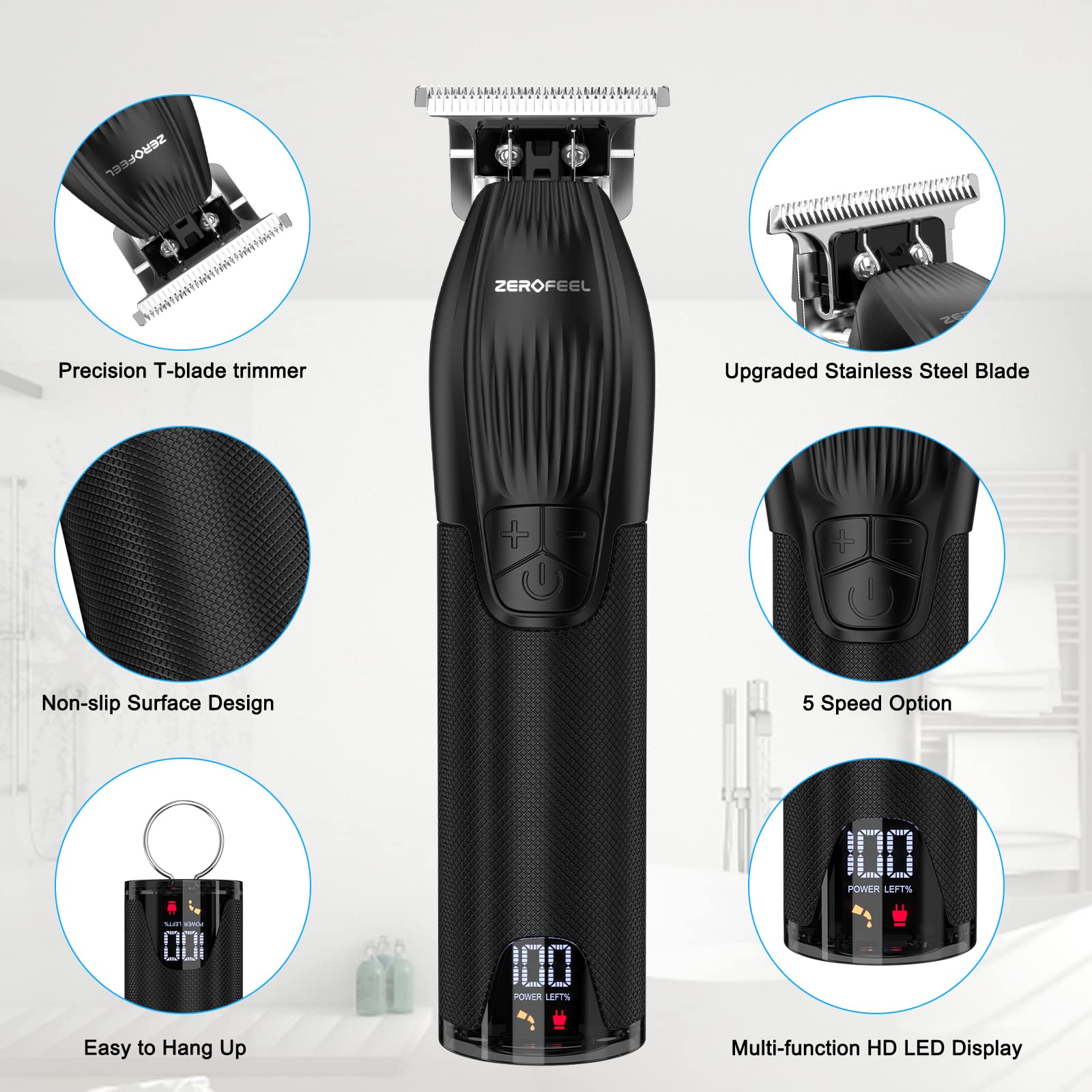 ZEROFEEL Professional Hair Clippers for Men, Cordless Barber Clipper and Trimmer Kit with LED Display, Precision T Blade Beard Trimmer, Hair Trimmers Set for Men, 5-Speed with USB Rechargeable